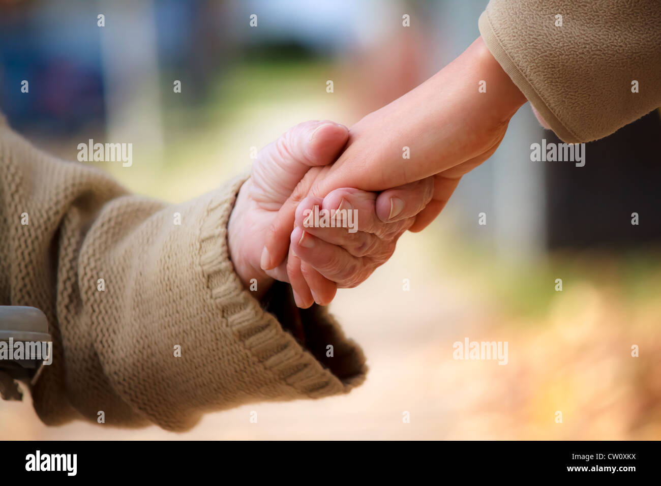 Senior Lady and Young Caretaker Holding Hands Stock Photo - Alamy