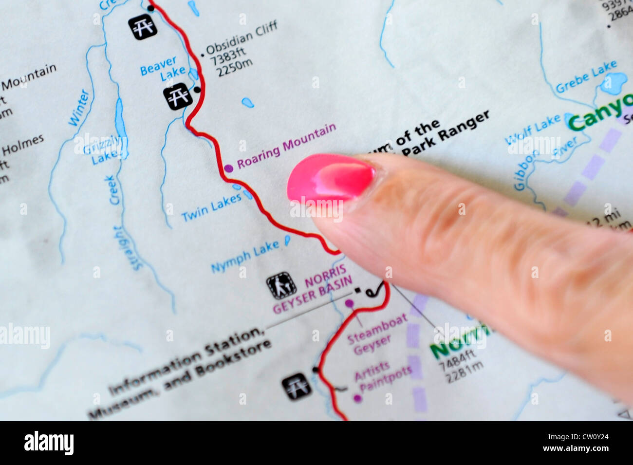 Roaring Mountain on Map of Yellowstone National Park Wyoming, WY Stock ...