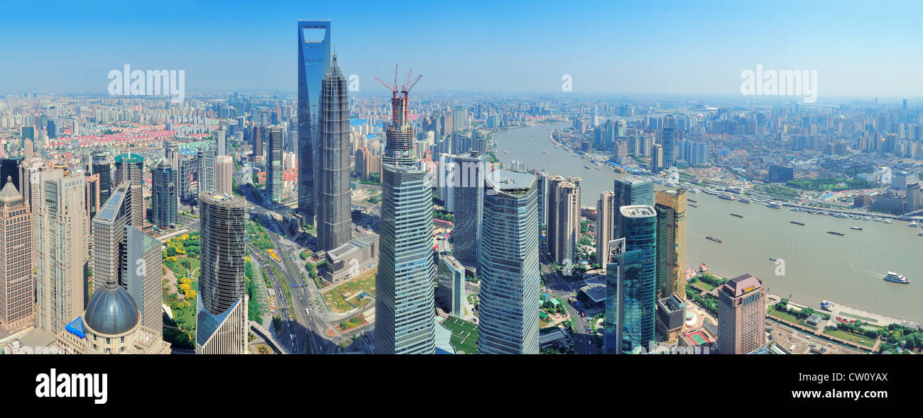 Shanghai city aerial view panorama with urban architecture over river ...