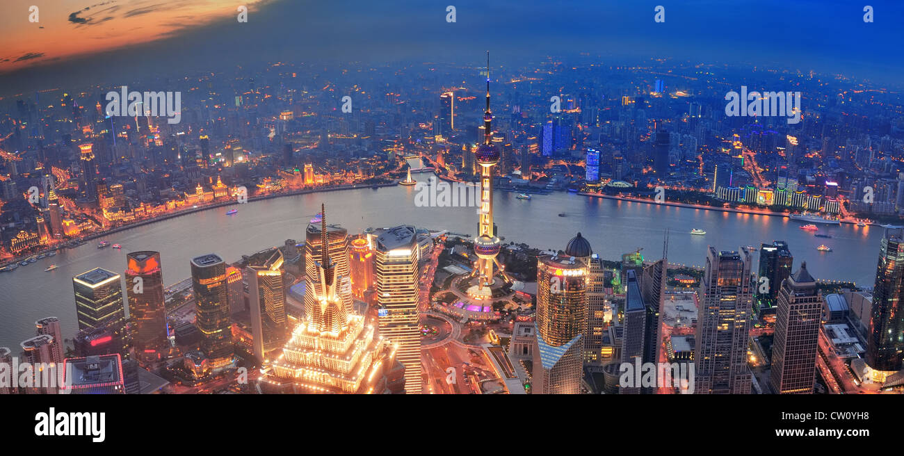 Shanghai sunset aerial view with urban architecture and river Stock ...