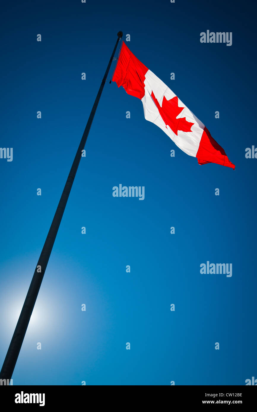 A backlit Canadian flag against a blue sky Stock Photo - Alamy