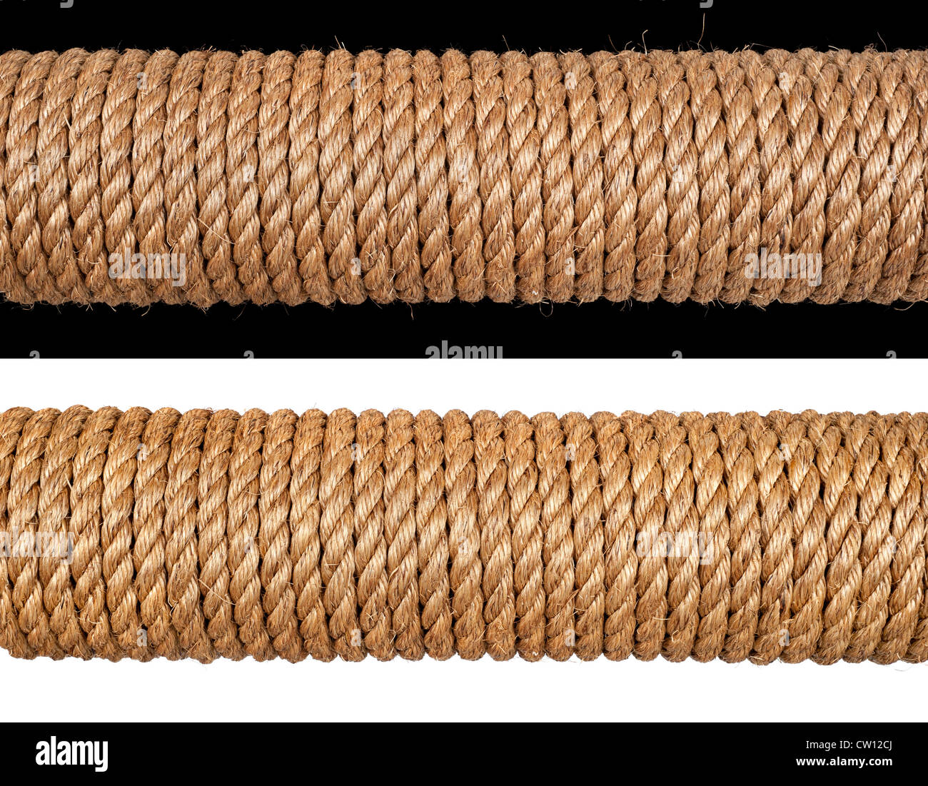 Two spools of rolled rope, one isolated on black and one on white for ...