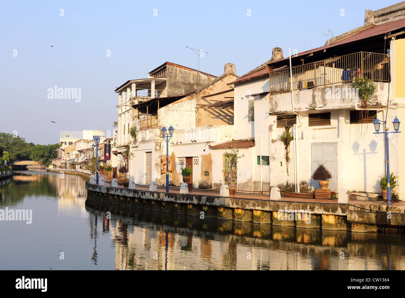 Old colonial heritage buildings on the Melaka River in Melaka Stock ...