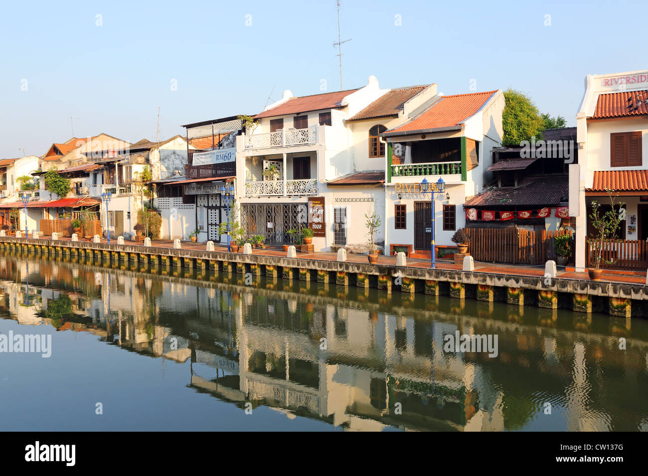 Old colonial heritage buildings on the Melaka River in Melaka Stock ...