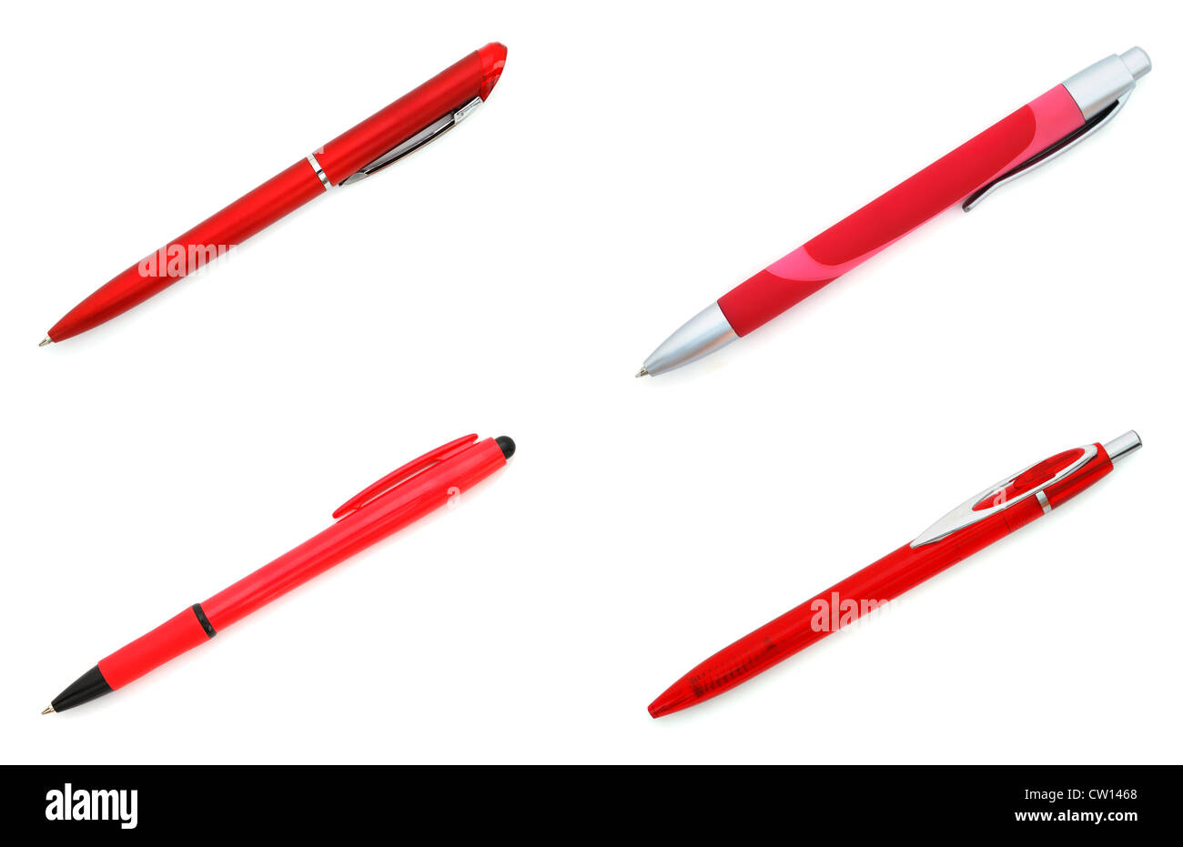 Set of four red pens isolated on white background Stock Photo - Alamy