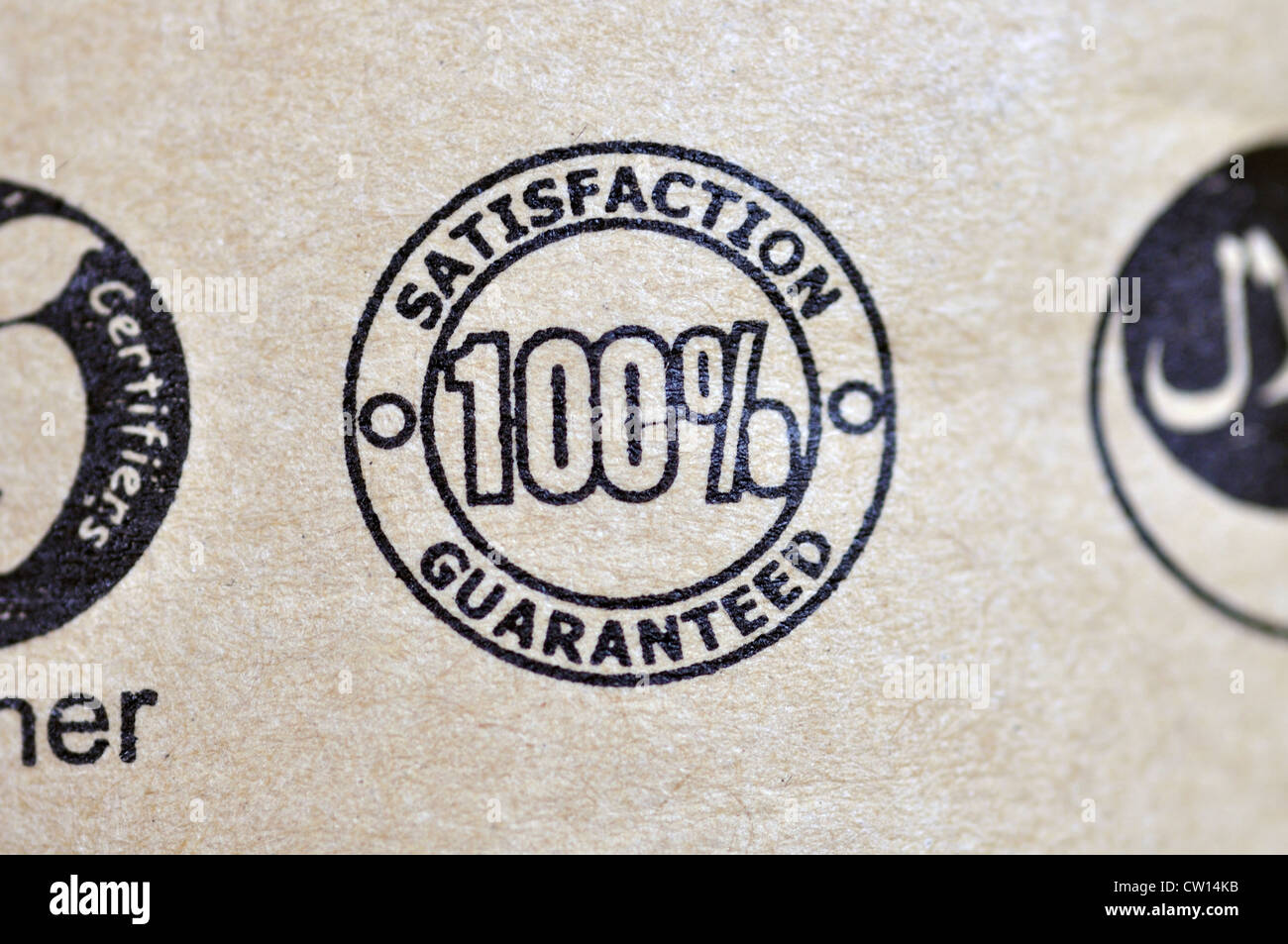 100% satisfaction guaranteed- written on food package Stock Photo - Alamy