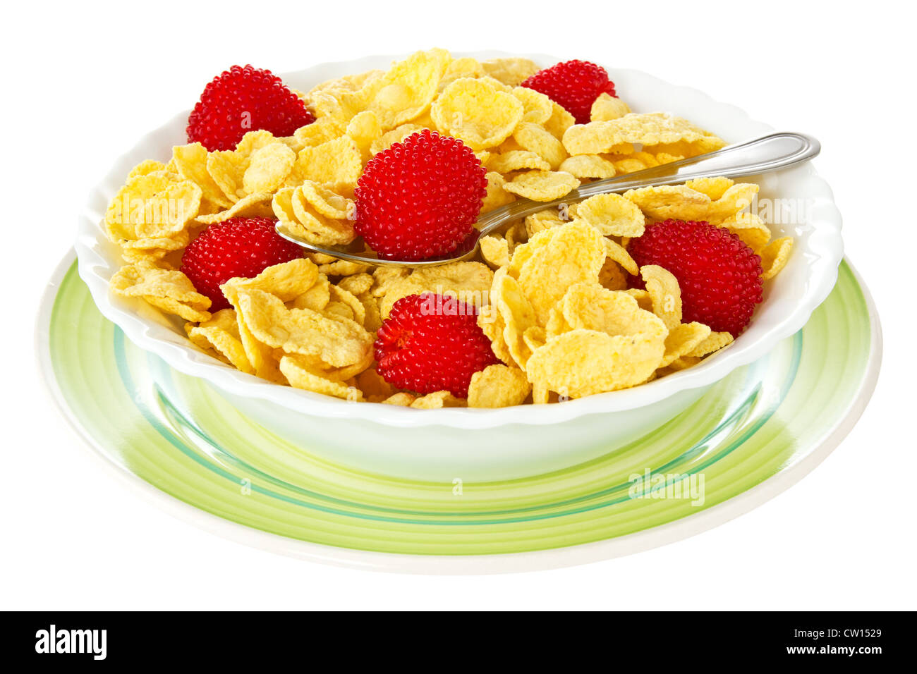 Bowl of corn flakes with berries. Isolated on white background Stock ...