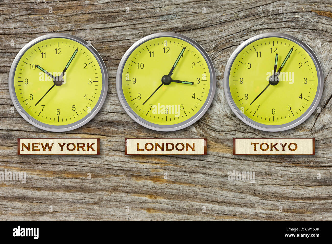 World time. Time in New York, London and Tokyo, three watches on wooden ...