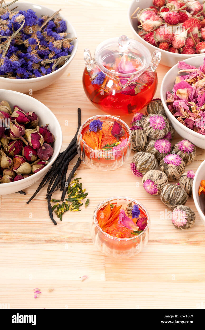 Herbal natural floral tea infusion with dry flowers ingredients Stock ...