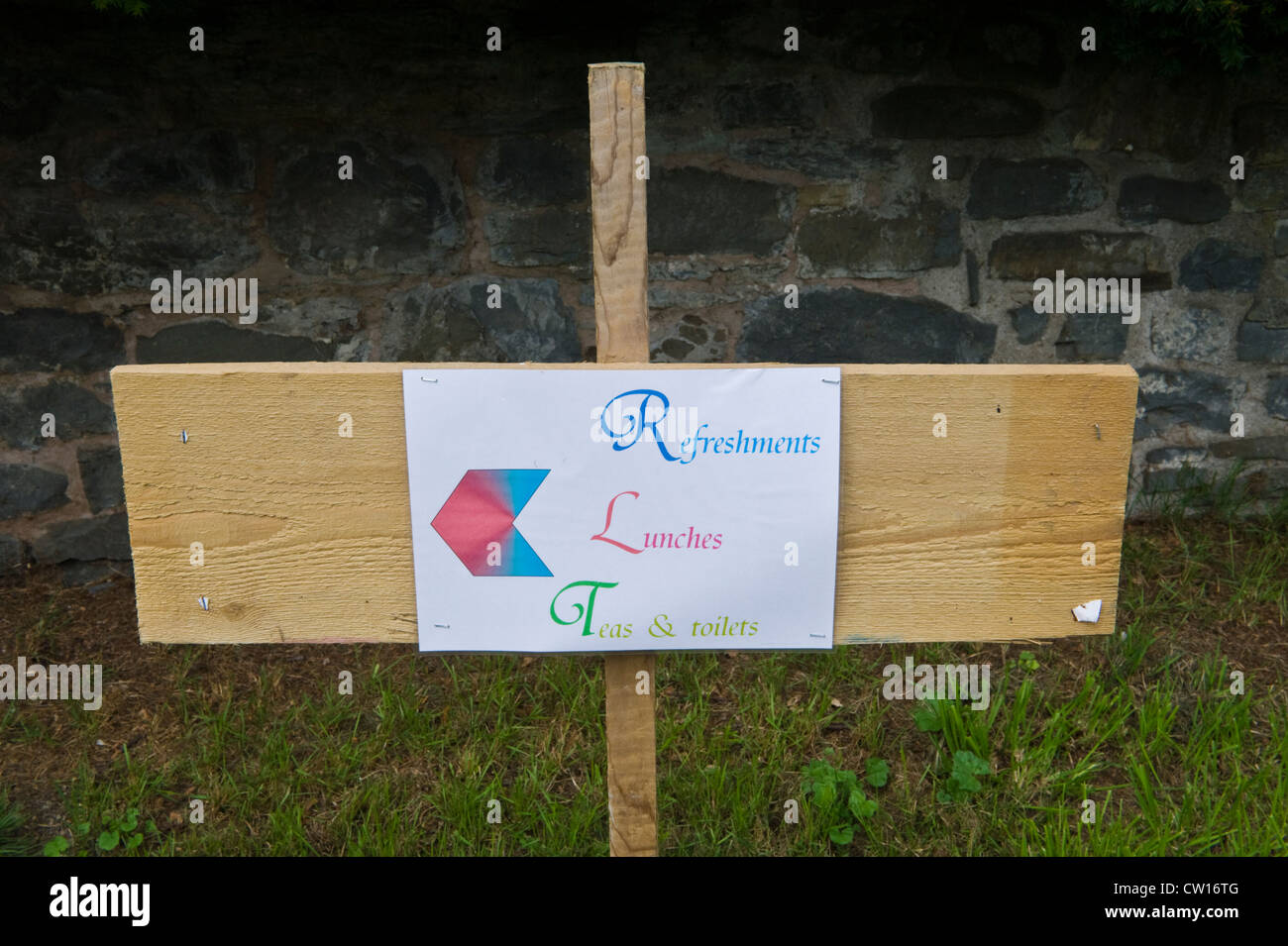 Refreshments sign for village fete on Scarecrow Day in village of ...