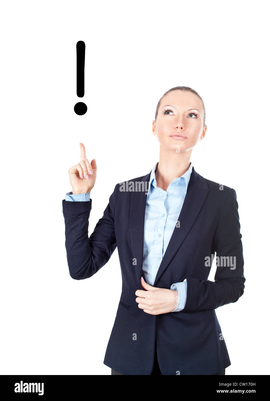 Business woman pointing up on sign pling Stock Photo - Alamy