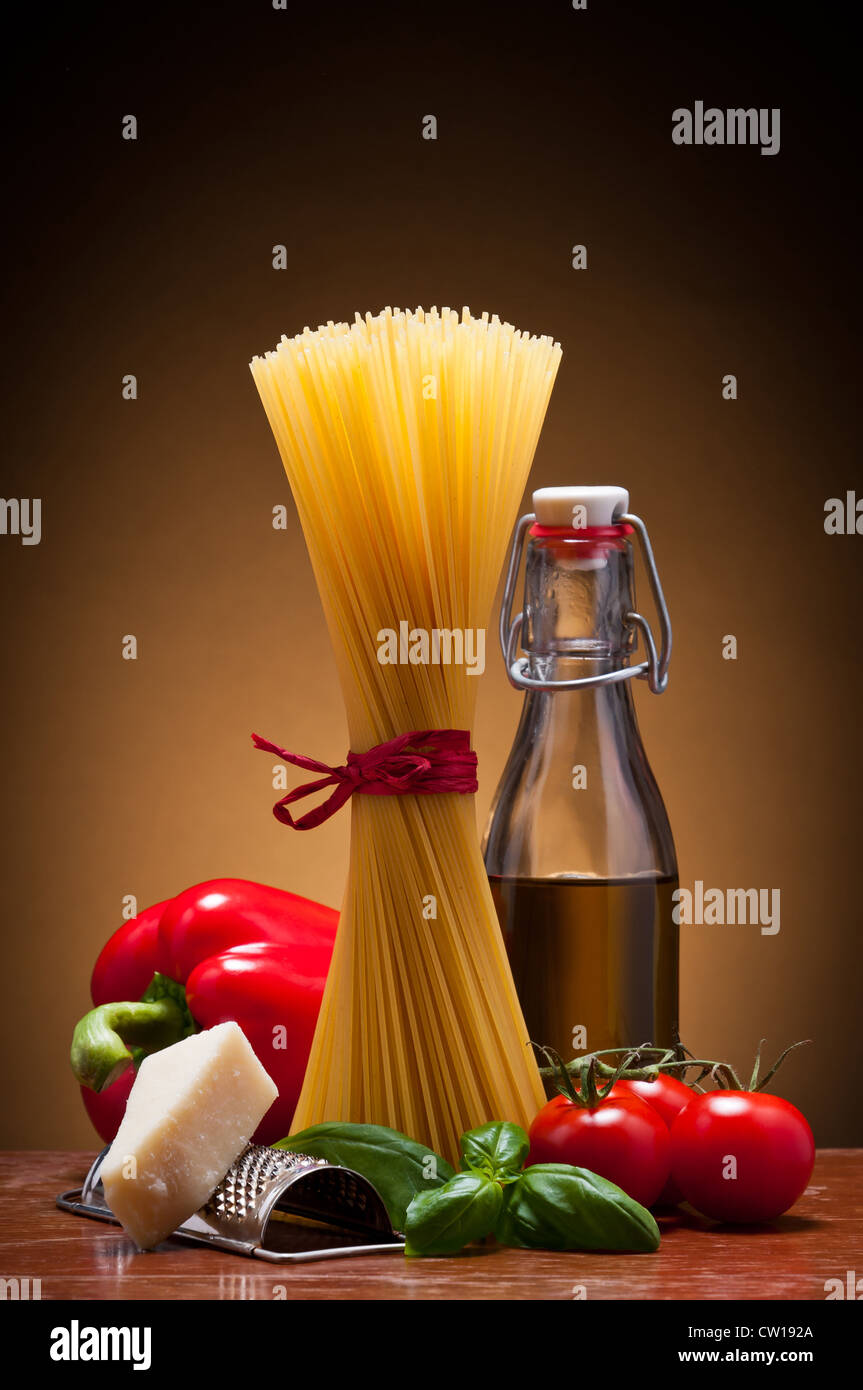 still life with spaghetti pasta bundle and ingredients Stock Photo - Alamy