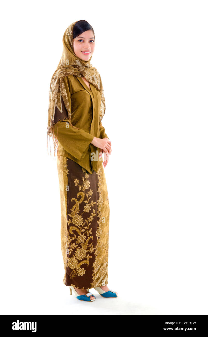 Full body young muslim woman traditional kebaya on white background ...