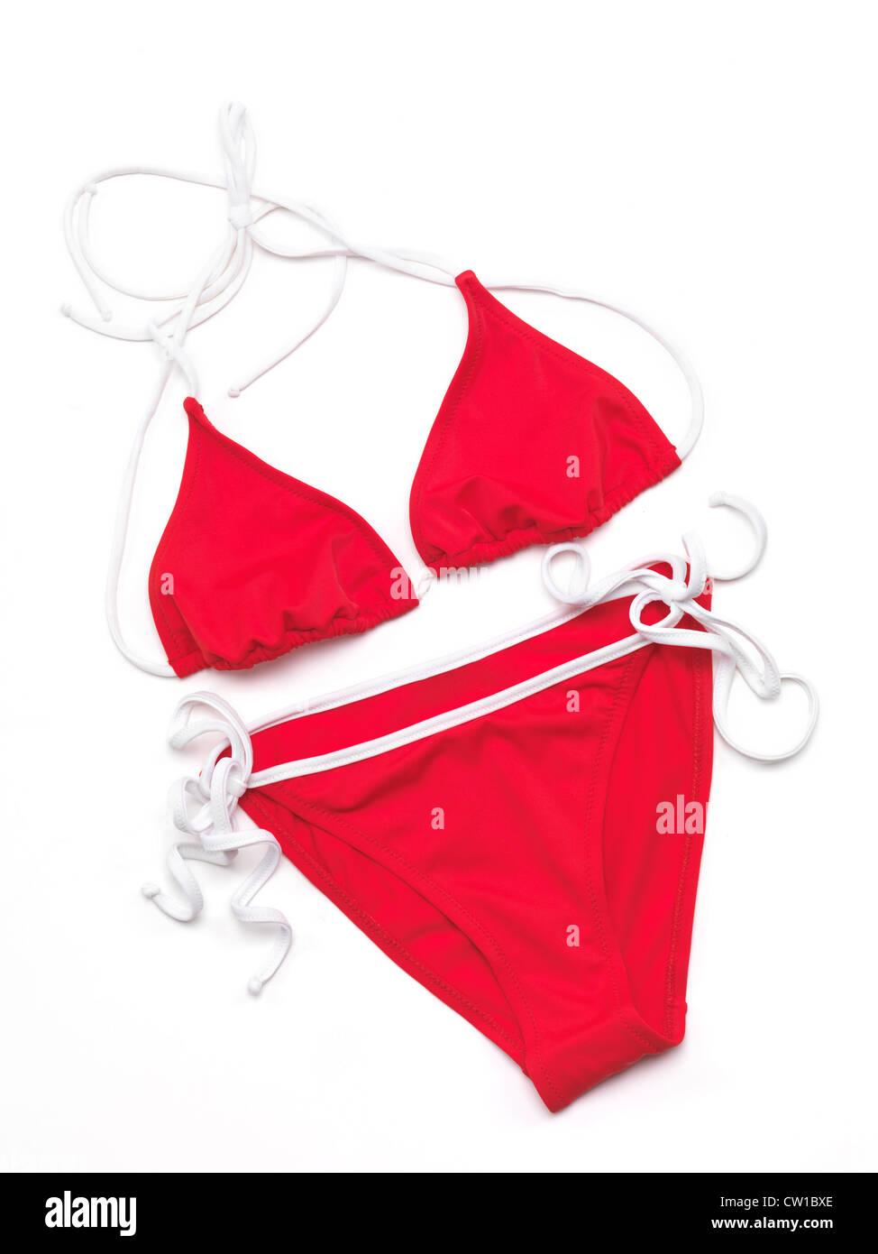 Red two-piece bikini swimsuit isolated on white background Stock Photo ...