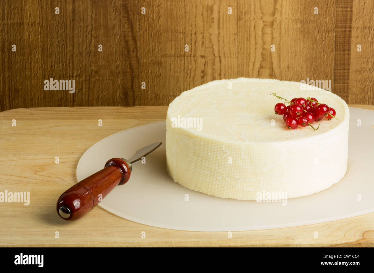 Fresh round of white cheddar cheese with currants and knife Stock Photo ...