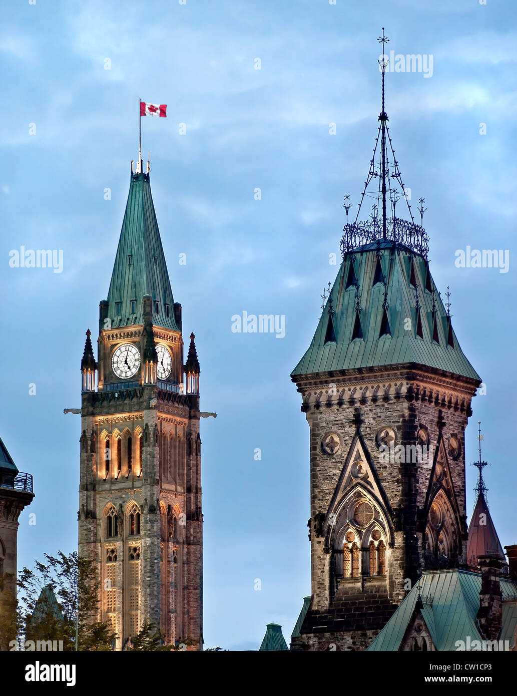 The Canadian Parliament Centre and East Blocks with the Maple Leaf flag ...