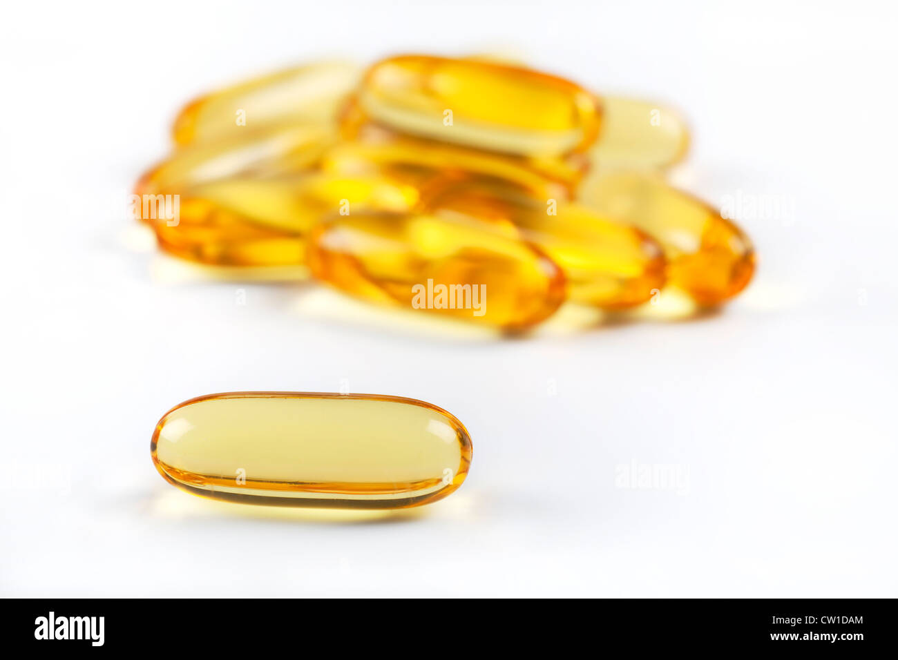 Close up of a fish oil capsule, a nutrional supplement high in omega-3 ...