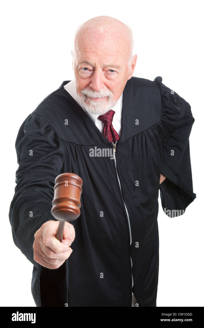 Angry judge bangs his gavel. Isolated on white Stock Photo - Alamy
