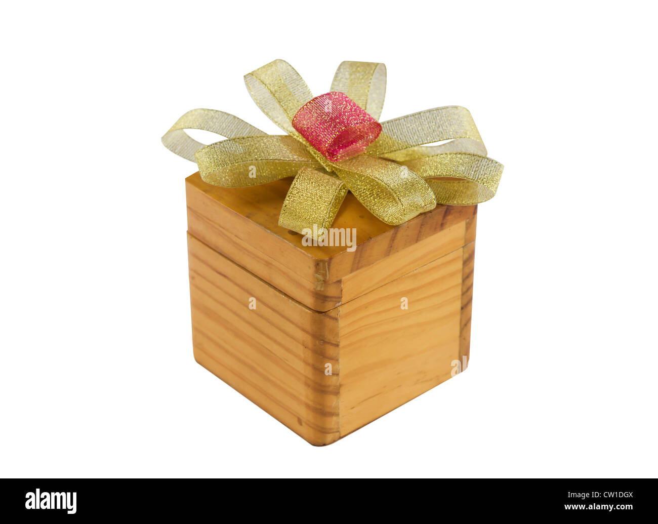 wooden box gife with golden bow on white background Stock Photo - Alamy