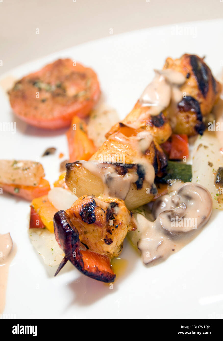 chicken shish kebab on skewer in mushroom sauce as photographed in ...