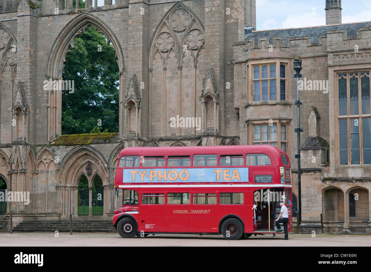 Red Double Decker Bus outside the entrance to Newstead Abbey ...
