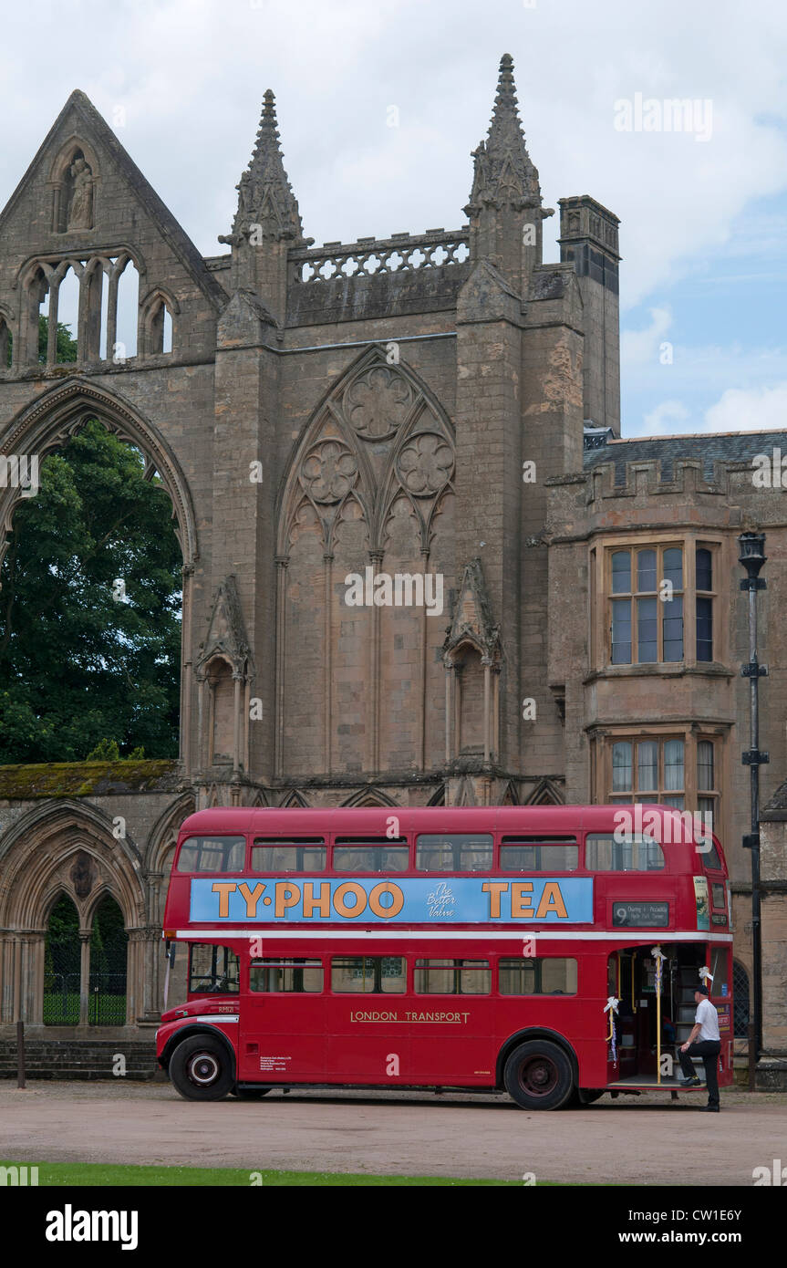Red Double Decker Bus outside the entrance to Newstead Abbey ...