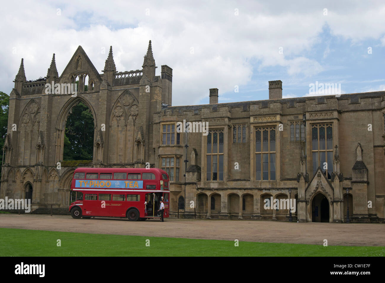 Red Double Decker Bus outside the entrance to Newstead Abbey ...