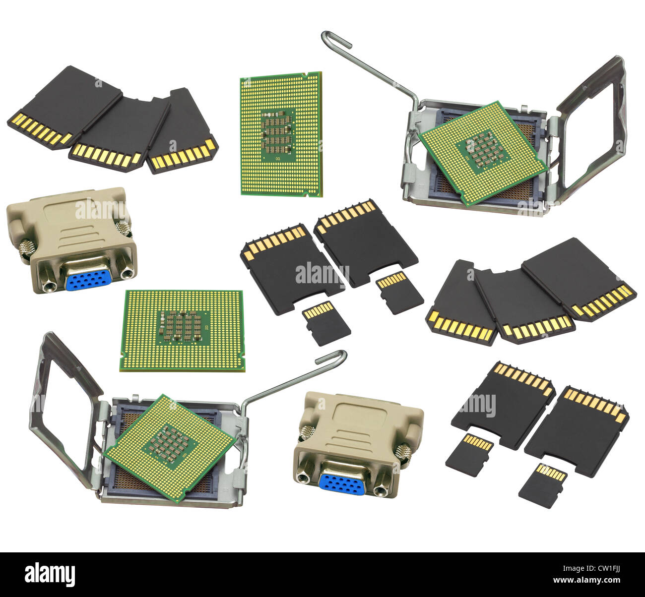 Set computer processor, memory cards and computer сonnector on a white ...