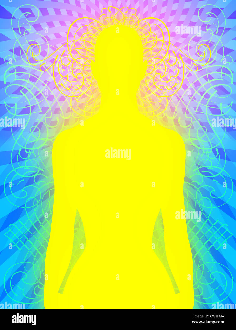 Shimmering silhouette of a human body on iridescent blue background ...