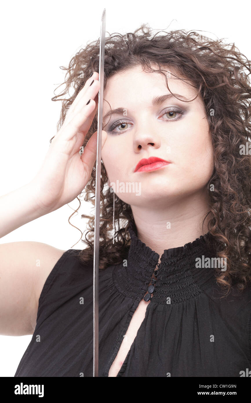 Girl Woman Dark Curly Hair Natural Brown Haired Holding In Her Hands