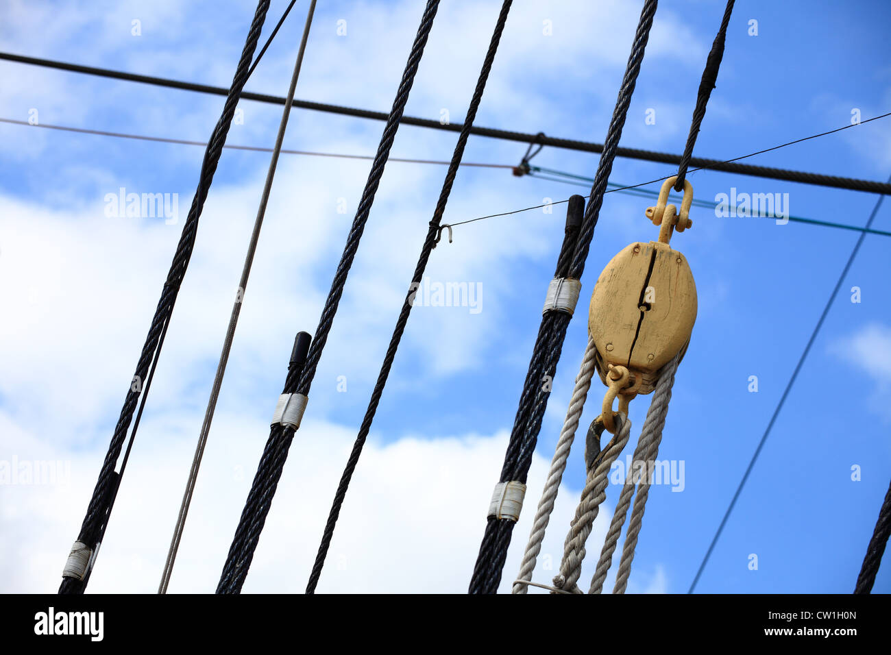 Masts and rope of sailing ship old boat detail Stock Photo - Alamy