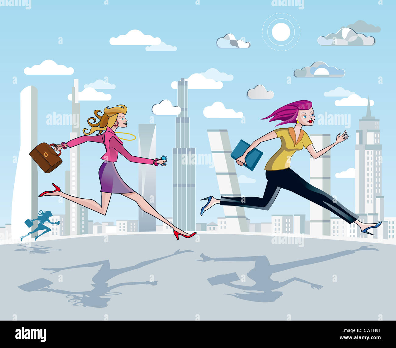 Business women running to work between skyscrapers. A blue sky with ...