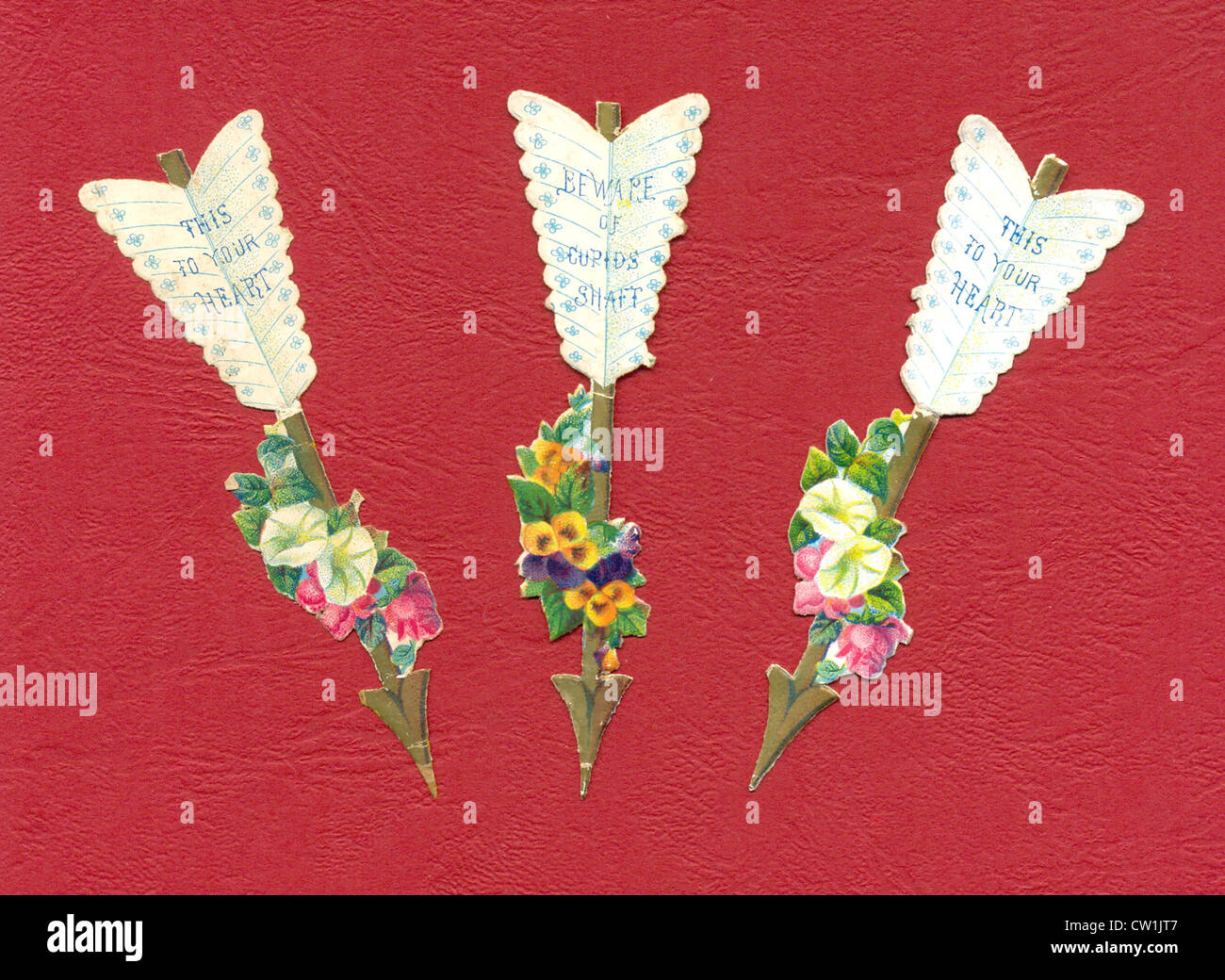 Die cut chromolithographed valentine messages using Cupid's darts Stock ...