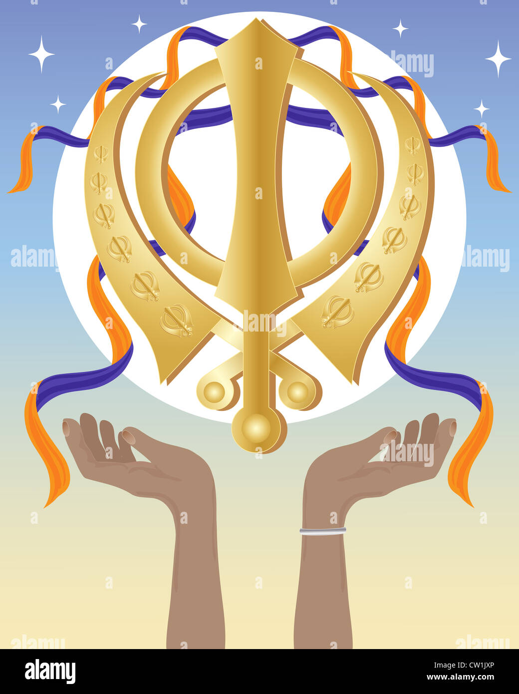 an illustration of a golden Sikh symbol with open hands and orange and ...