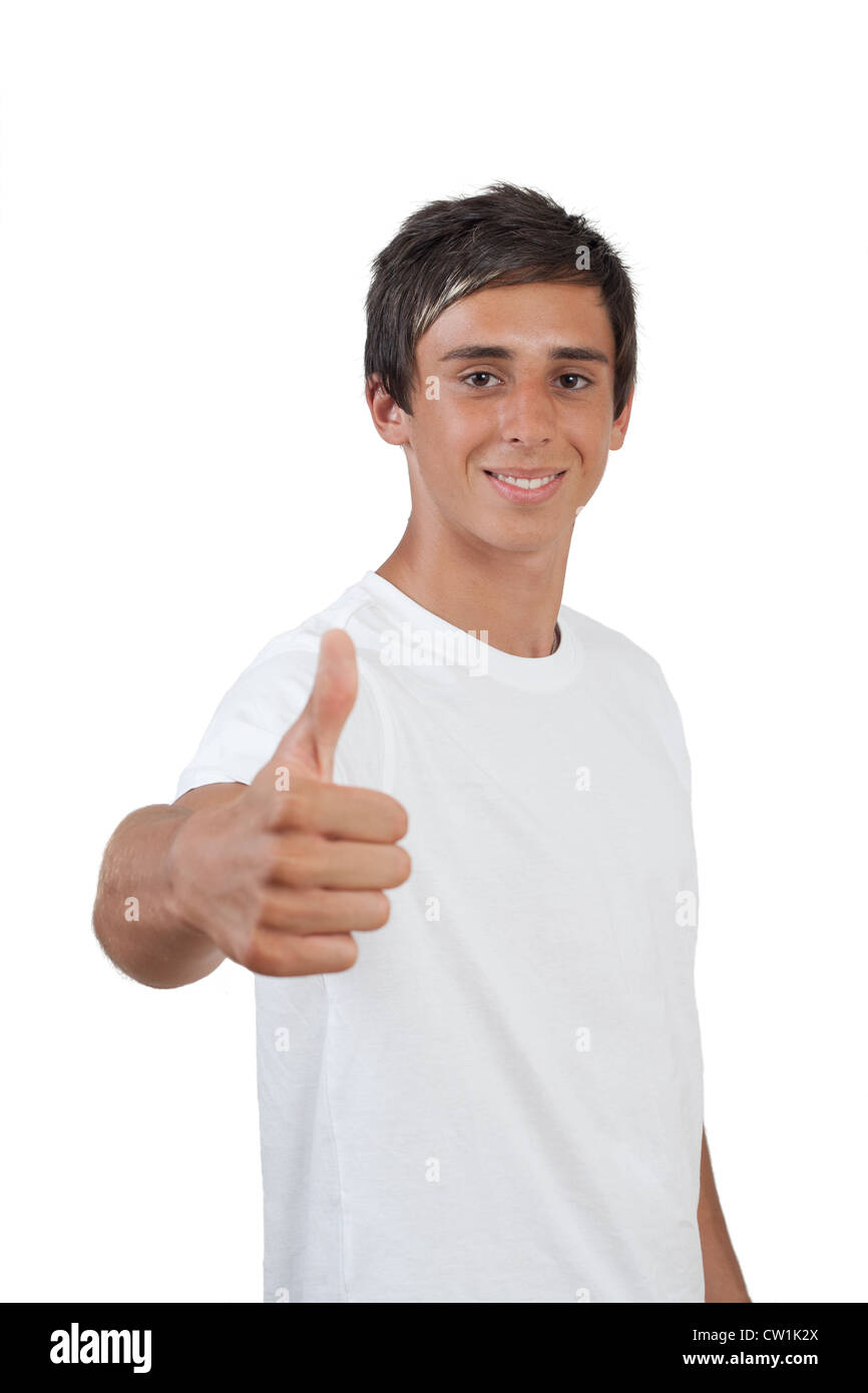 young swarthy man with brown eyes gives the thumbs up gesture on white ...