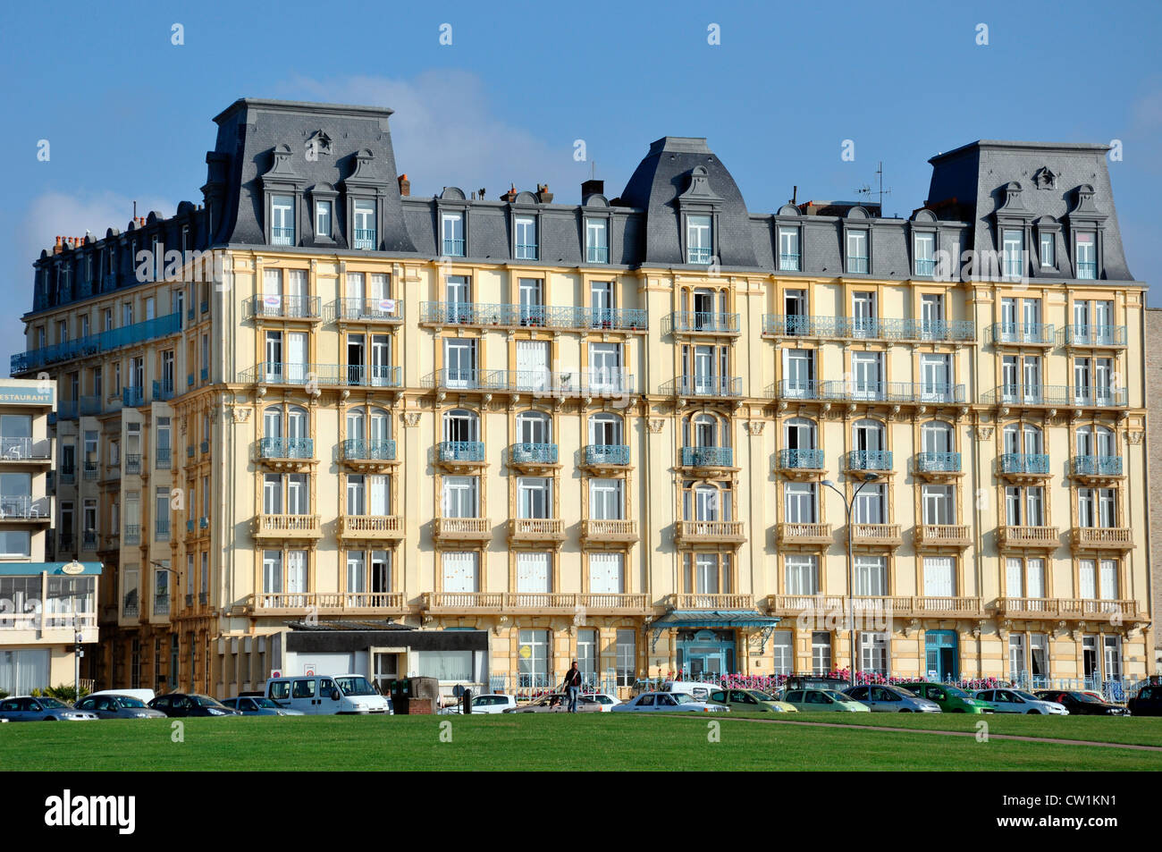 The beautiful architecture of the Castel Royal hotel, facing the sea ...