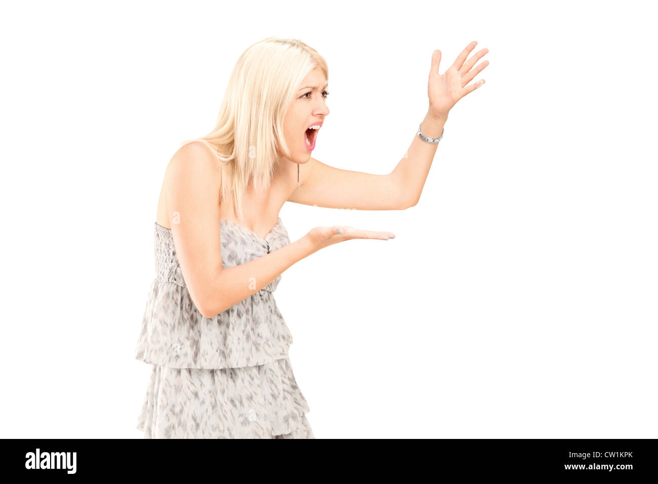 Angry woman shouting isolated against white background Stock Photo - Alamy