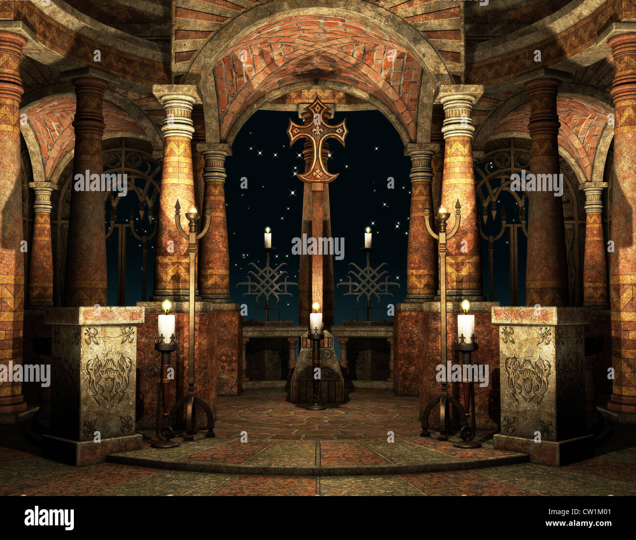 an ancient hall with pillars and cross Stock Photo - Alamy