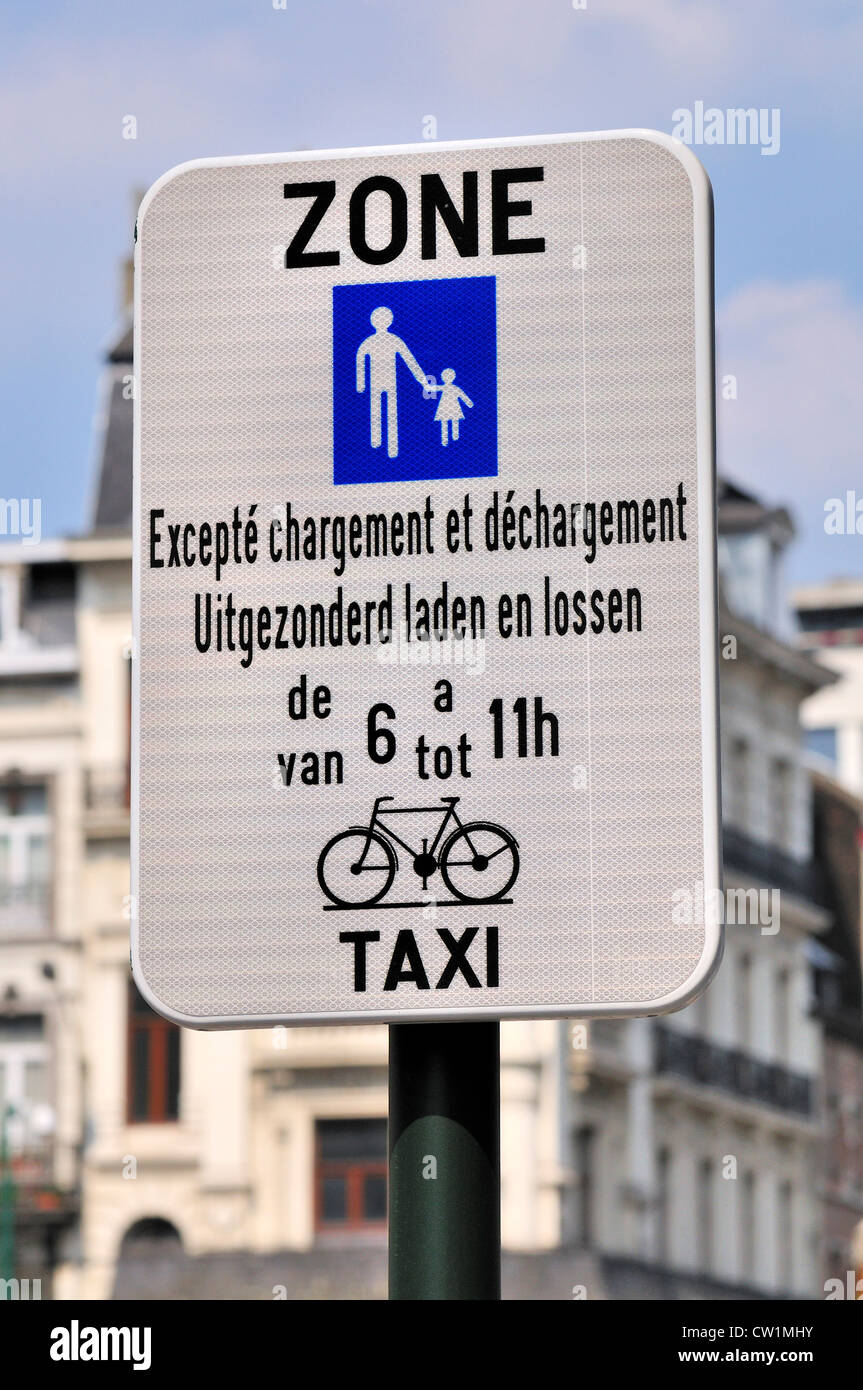 Brussels, Belgium. Road sign: pedestrian zone - except deliveries from ...