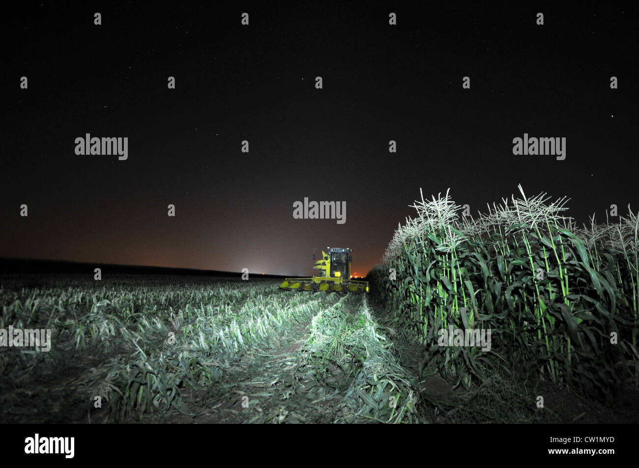 Combine in a corn field at night, near Kibbutz Mevo Hama in the Golan ...
