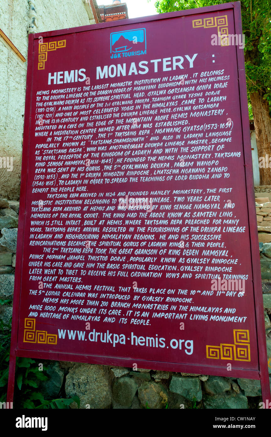 A sign in English at the entrance to the Hemis Monastery courtyard in ...
