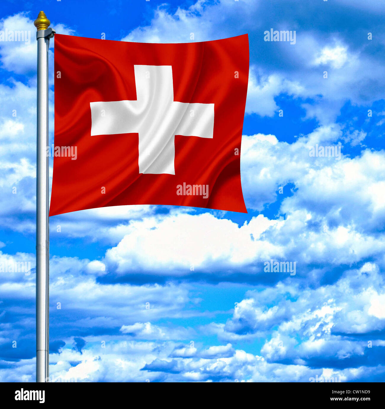 Swiss waving flag against blue sky Stock Photo - Alamy