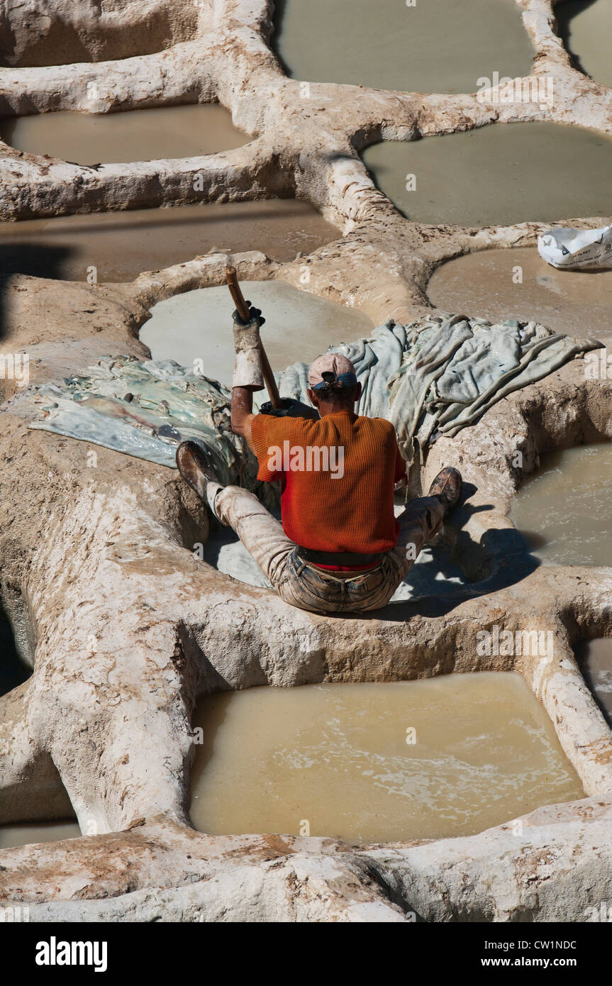 worker in the thousand year old leather tannery in the ancient medina ...