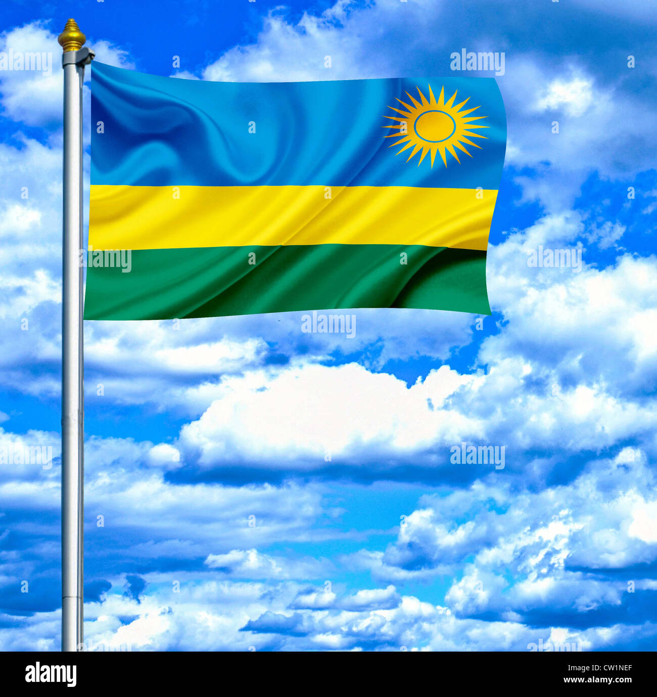 Rwanda waving flag against blue sky Stock Photo - Alamy
