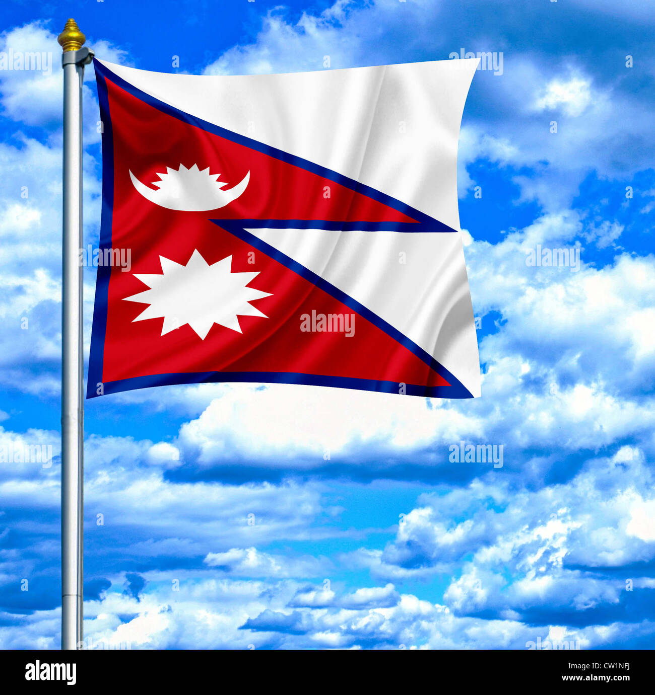 Nepal waving flag against blue sky Stock Photo - Alamy