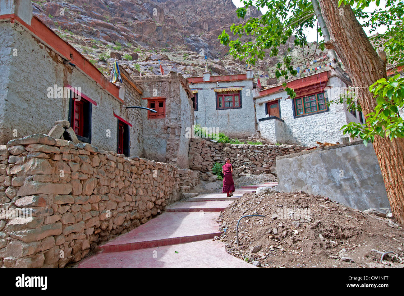 A young monk is climbing up a path of low rise steps between ...