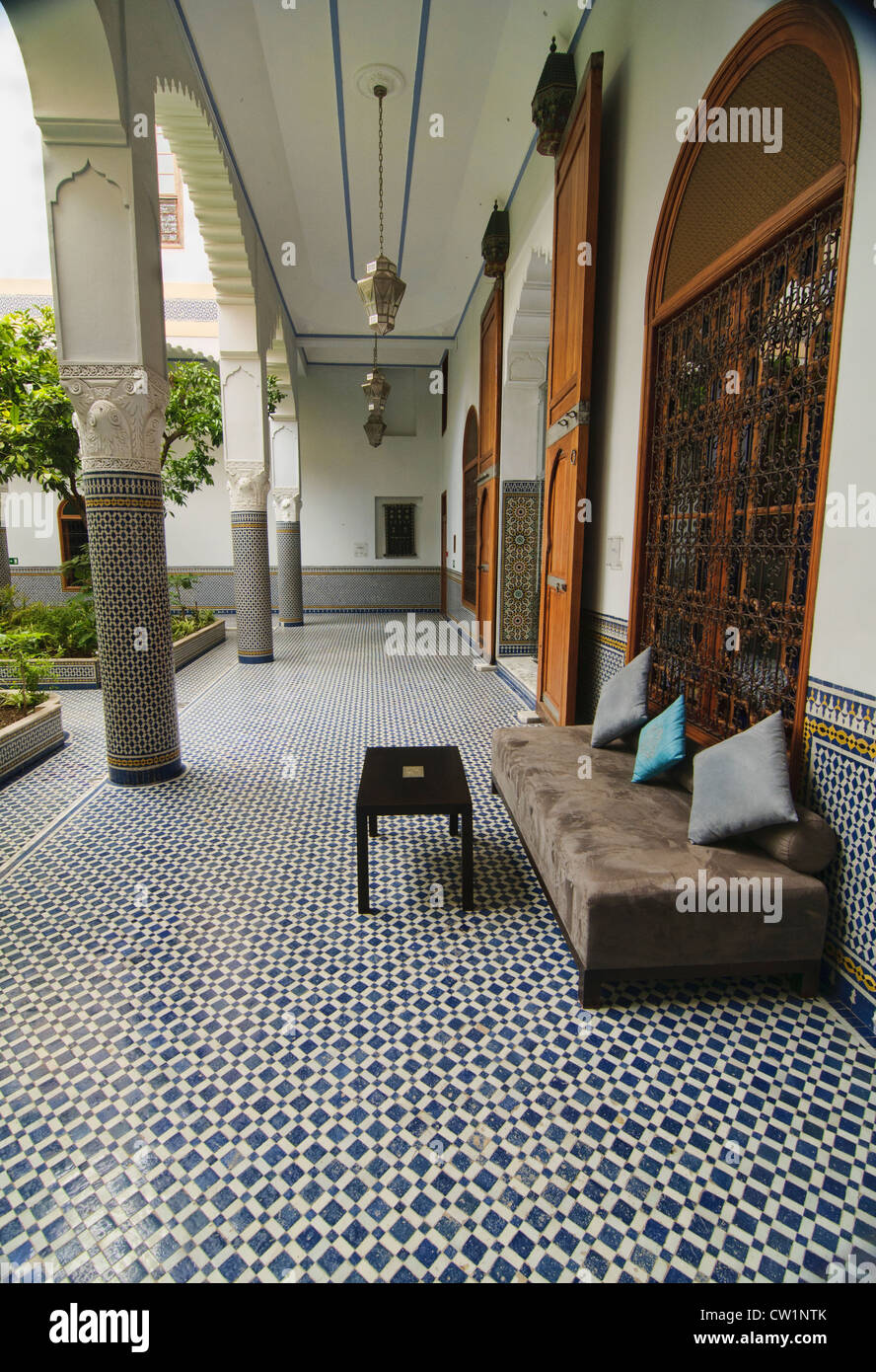 inner courtyard of a restored riad (merchant's home) in Fes, Morocco ...