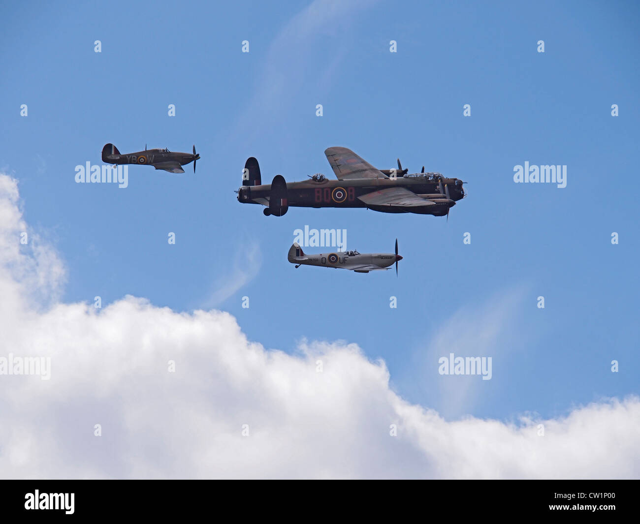 Lancaster,Spitfire and Hurricane in formation fly past at Essex ...