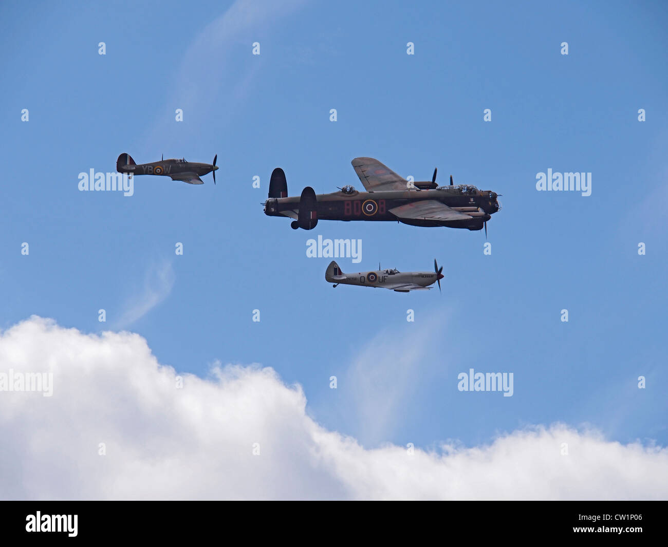 Lancaster,Spitfire and Hurricane in formation fly past at Essex ...