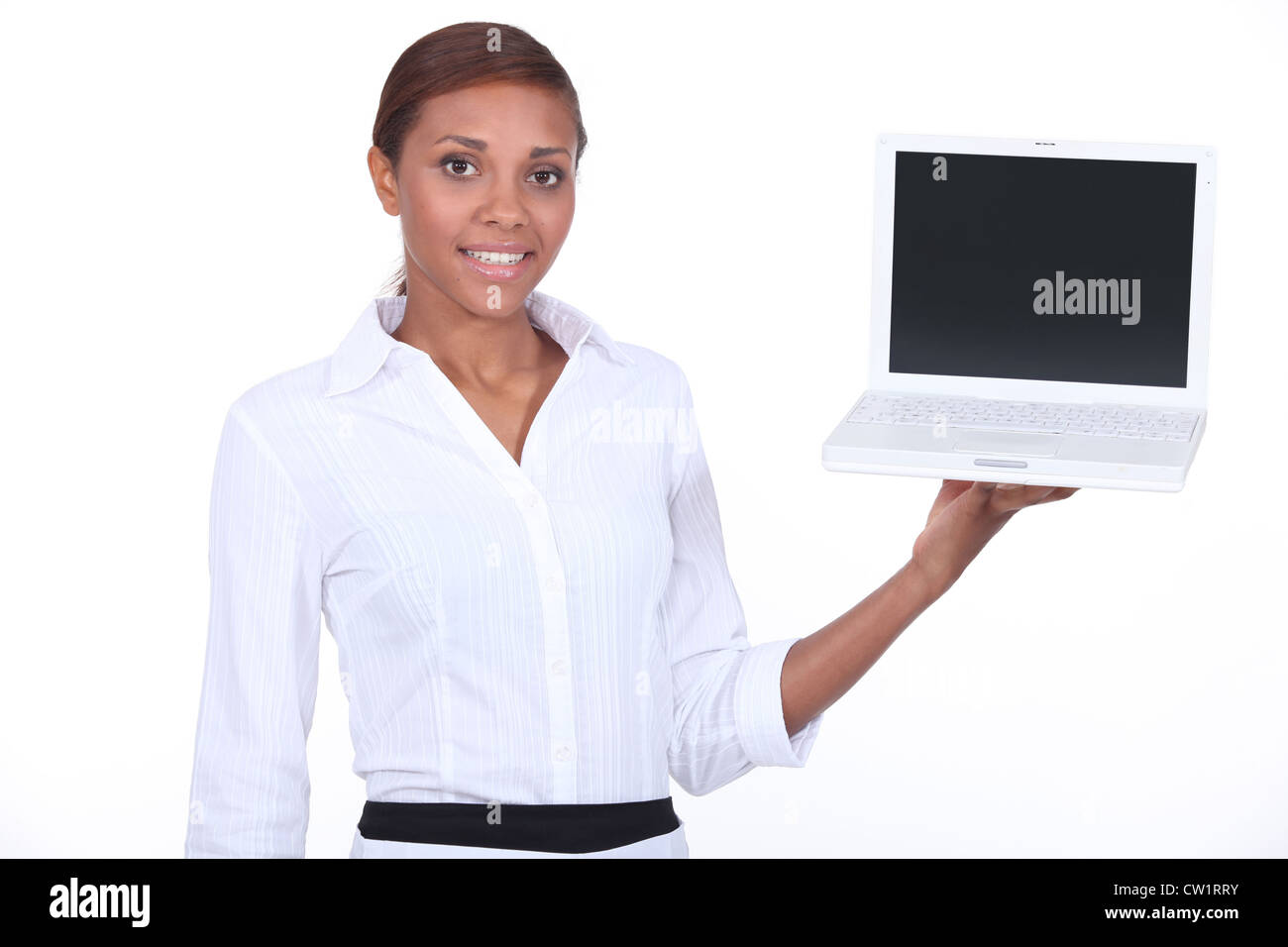 Waitress with computer in hand Stock Photo - Alamy